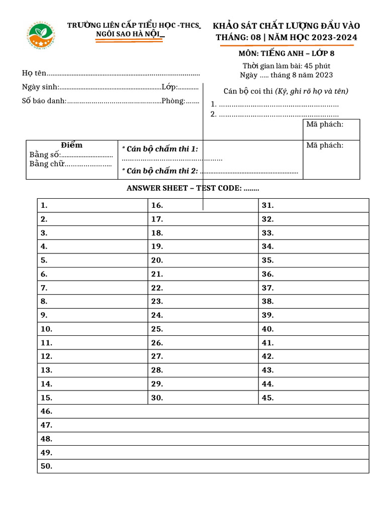 Phiếu trả lời TA8 | PDF