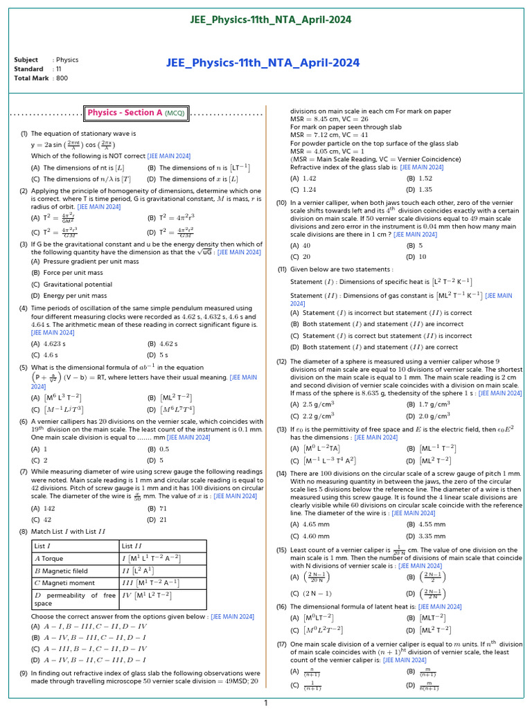 JEE Physics April - 2024 PYQ | PDF | Kinetic Energy | Force