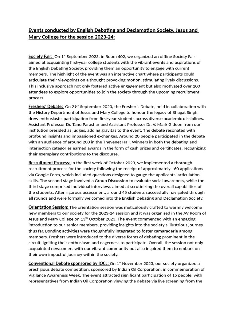 English Debating Society Events 2023-24 | PDF