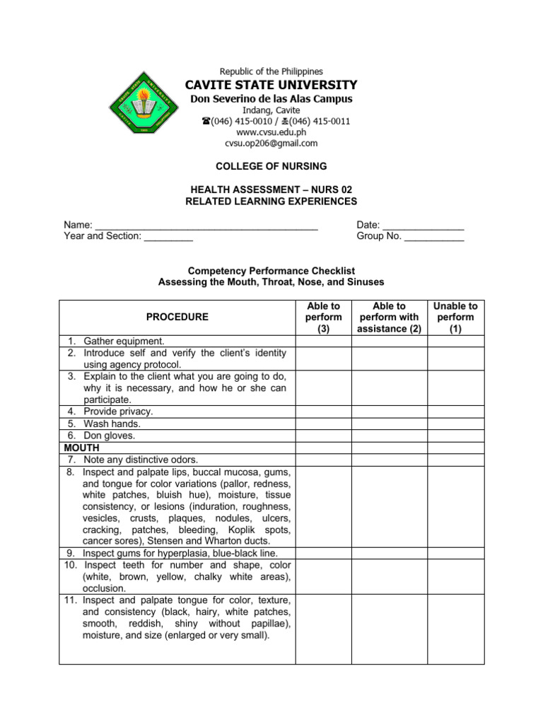 Mouth and Sinus Assessment Checklist | PDF | Human Nose | Medical ...