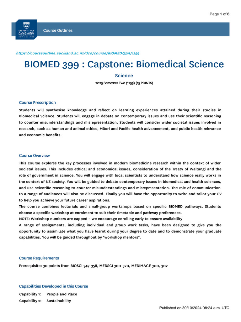 BIOMED 399 - 2025 Semester Two - Course Outline | PDF | Science | Lecture