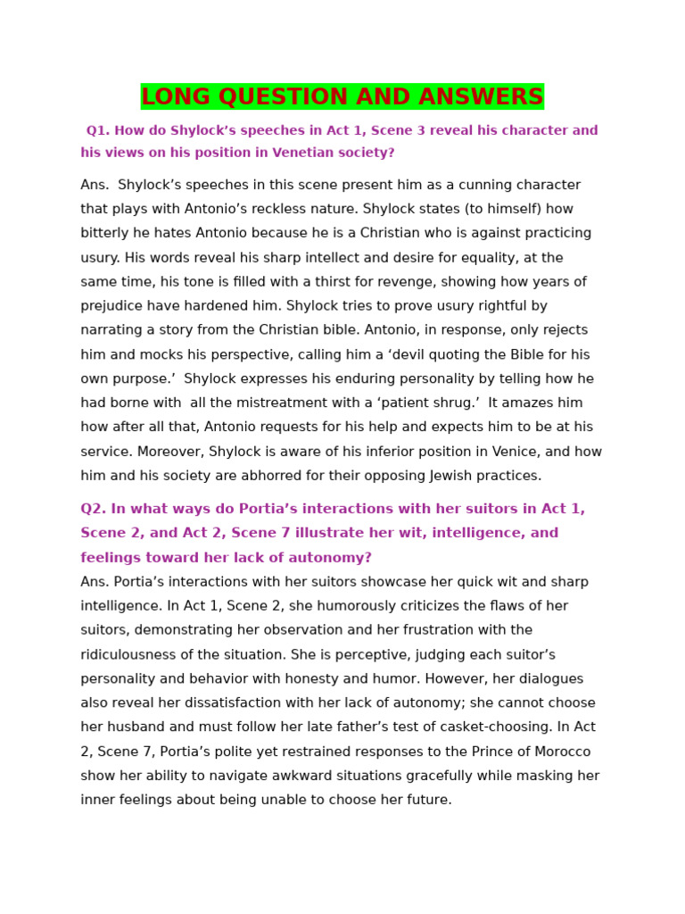 Question and Answers (Long) | PDF | Shylock