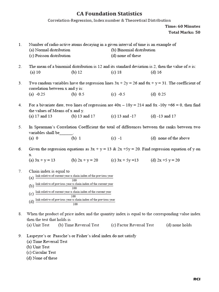 Statistics Test - Correlation-Regression, Index number_1474785 | PDF ...