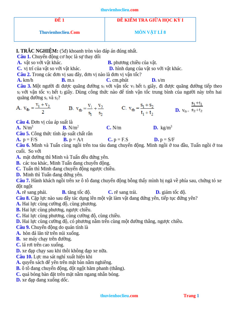 Bo de KT Giua HK1 Vat Li 8 Co Dap An | PDF