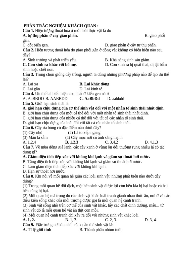 Câu hỏi TN sinh 9 | PDF