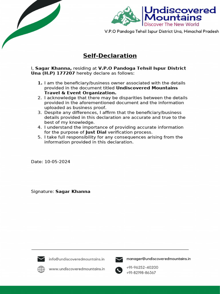 Self-Declaration for Business Verification | PDF