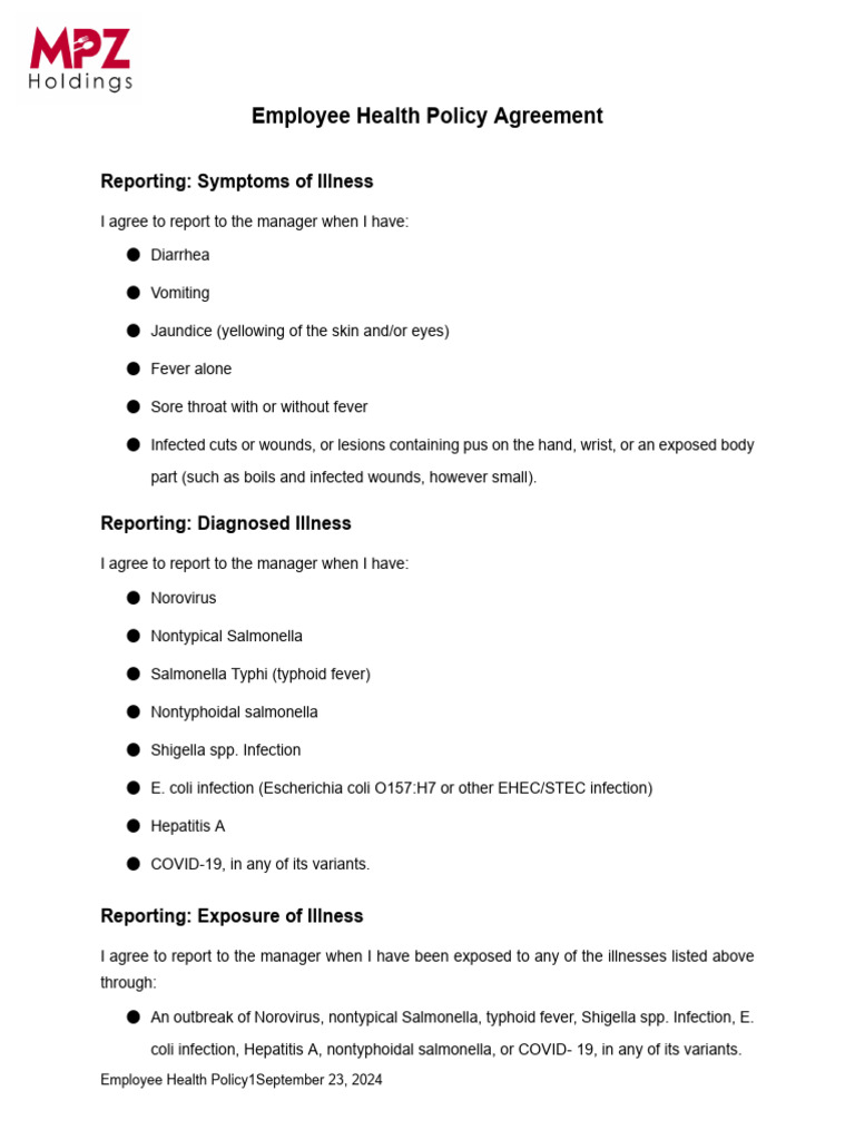 Employee Health Agreement | PDF | Salmonella | Diarrhea