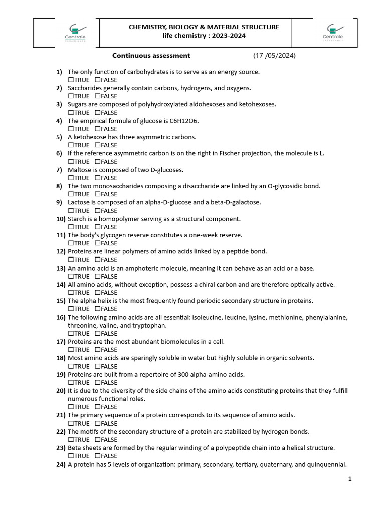 Chemistry and Biology Assessment 2024 | PDF | Carbohydrates | Amino Acid