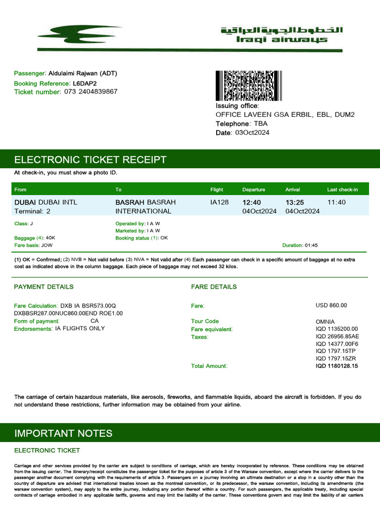 Iraqi Airways ETicket (L6DAP2) - RAJWAN | PDF