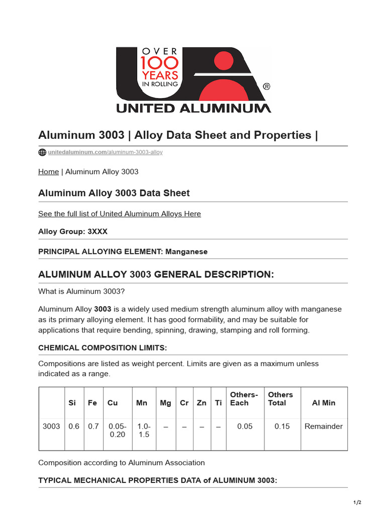 Aluminum 3003 Alloy Data Sheet and Properties | PDF | Manganese | Aluminium