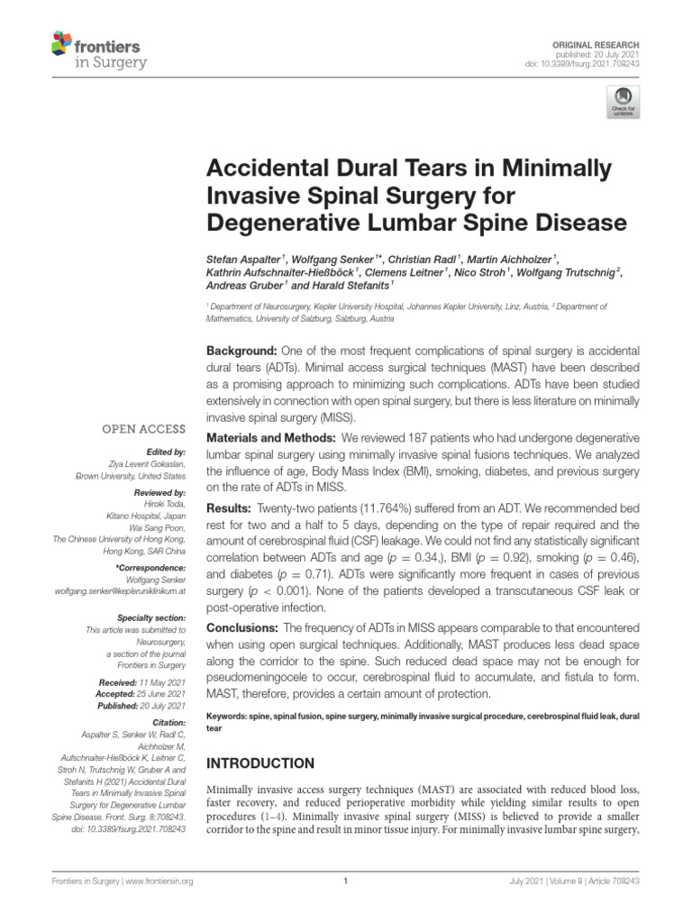 Accidental Dural Tears in Minimally Invasive Spinal Surgery For ...