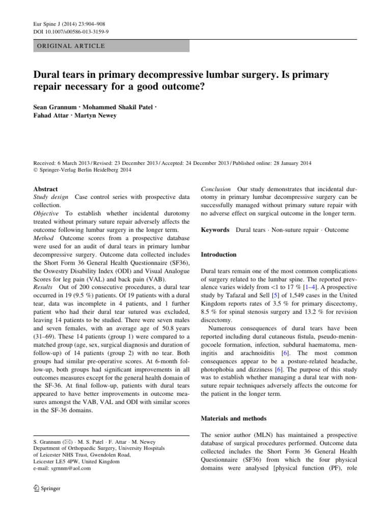 Dural Tears in Primary Decompressive Lumbar Surgery. Is Primary Repair ...