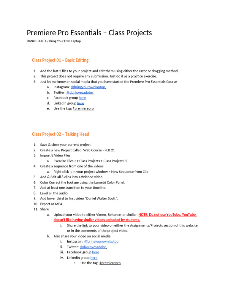 Premiere Pro Essentials - Class Projects | PDF | You Tube | Social Media