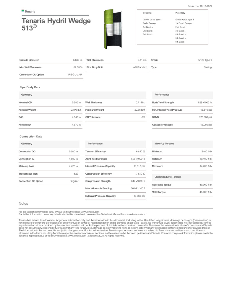 Tenaris Wedge 513® 5.500 0.415 Q125 | PDF | Pipe (Fluid Conveyance ...