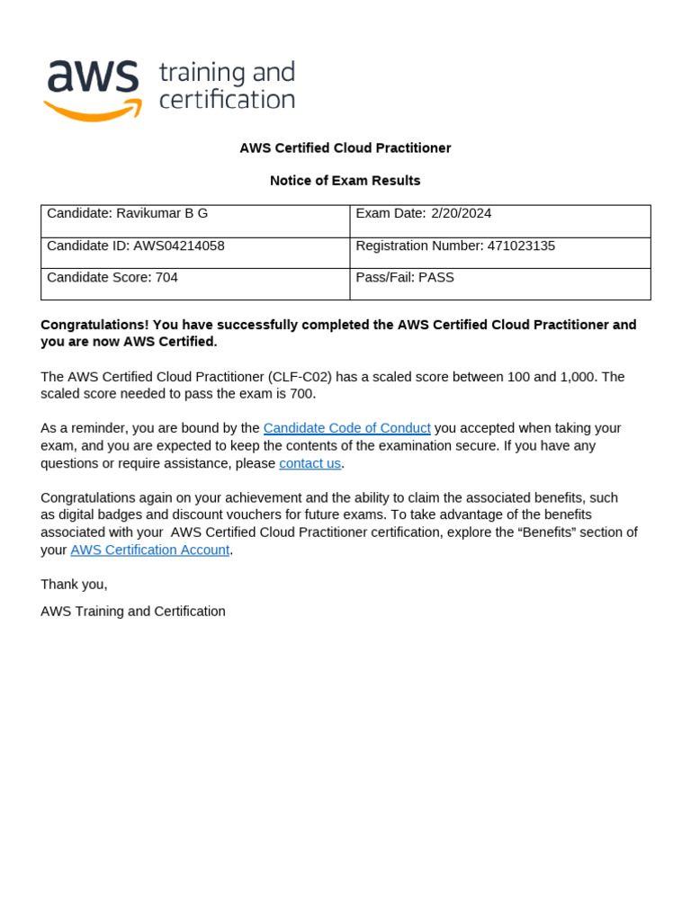 AWS Certified Cloud Practitioner Results | PDF | Information