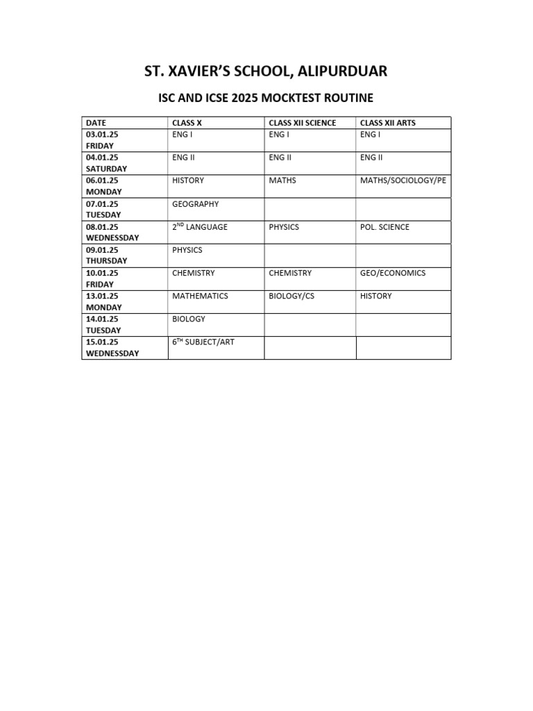 Icse and Isc Mock Test Routine 2025 | PDF