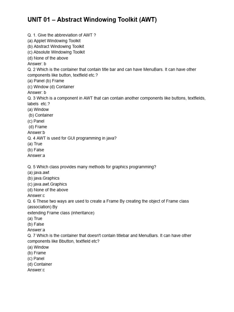 UNIT 01 - Abstract Windowing Toolkit (AWT) | PDF | Software | Software ...
