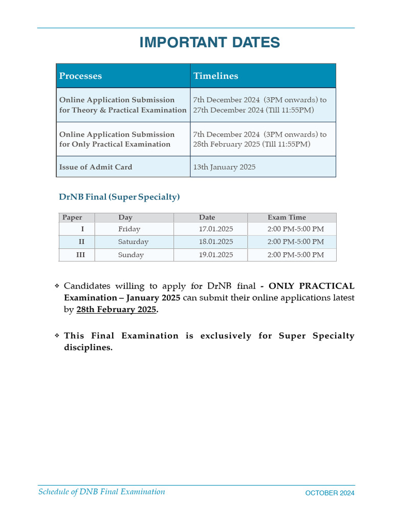 Schedule of DNB Final Exam - January 2025 | PDF