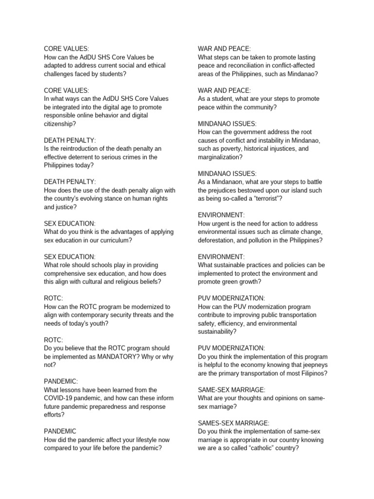 Extempo Sample Ques | PDF | Mental Health | Philippines