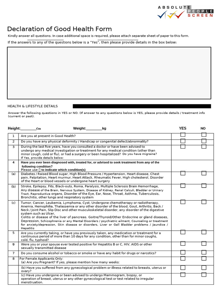 Declaration Of Good Health Form-1 | PDF | Heart | Hypertension