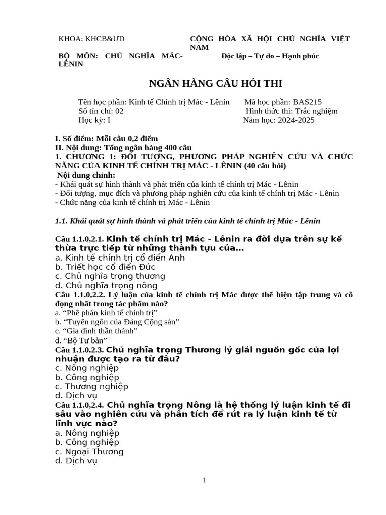 400 Câu NHCH Trac Nghiem KTCT 2024 | PDF