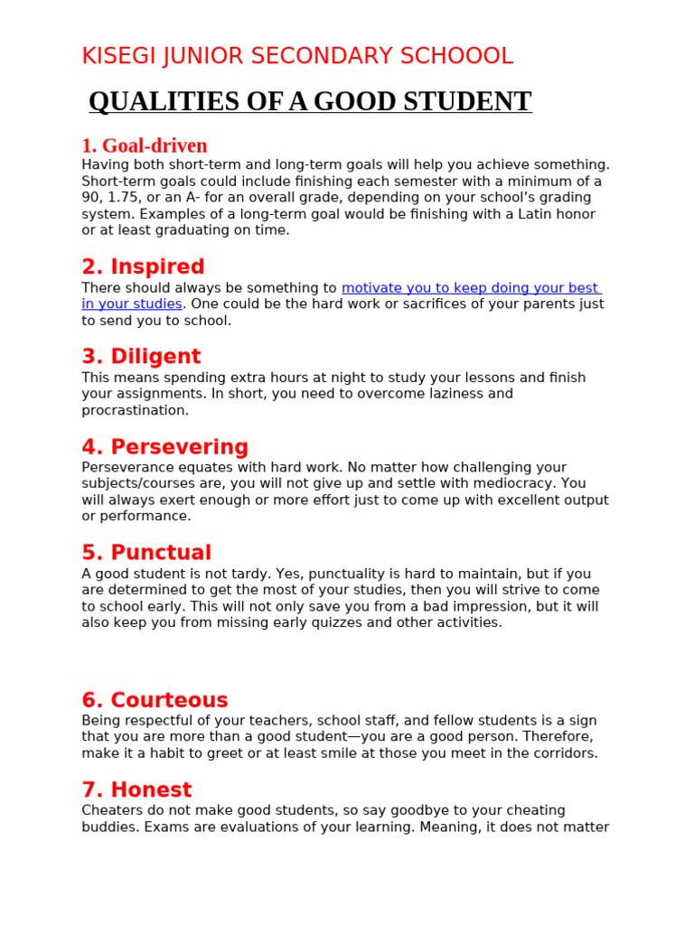 25 Qualities of A Good Student | PDF | Teachers