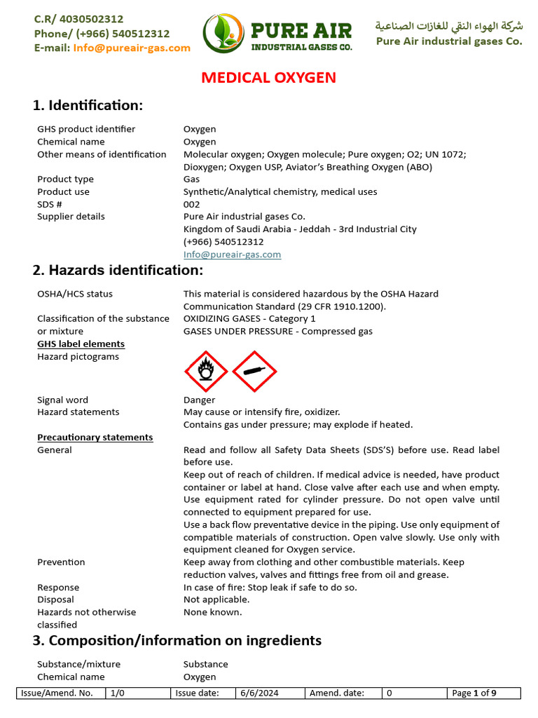 002 MSDS Medical Oxygen - Pure Air | PDF | Oxygen | Personal Protective Equipment