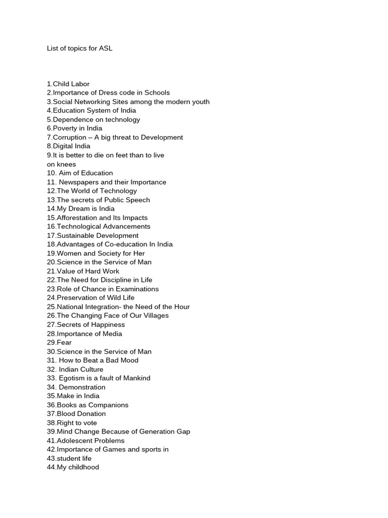 List of Topics For ASL | PDF
