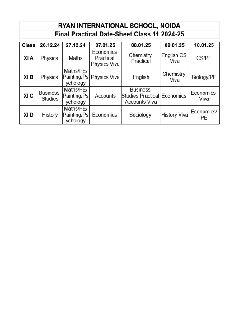 Practical Date-Sheet Class 11-1 | PDF