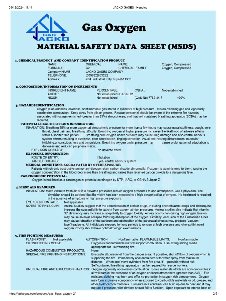 Oxygen Cylinders MSDS | PDF