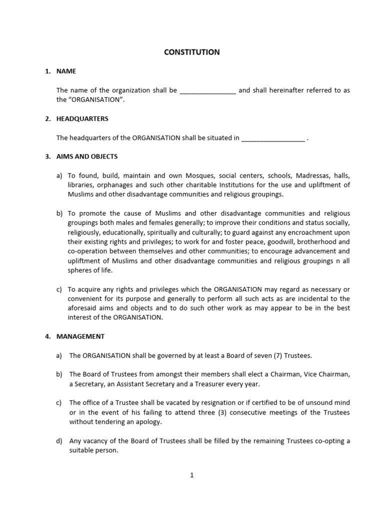 Constitution For Masjid Committees Specimen 1 | PDF | Board Of ...