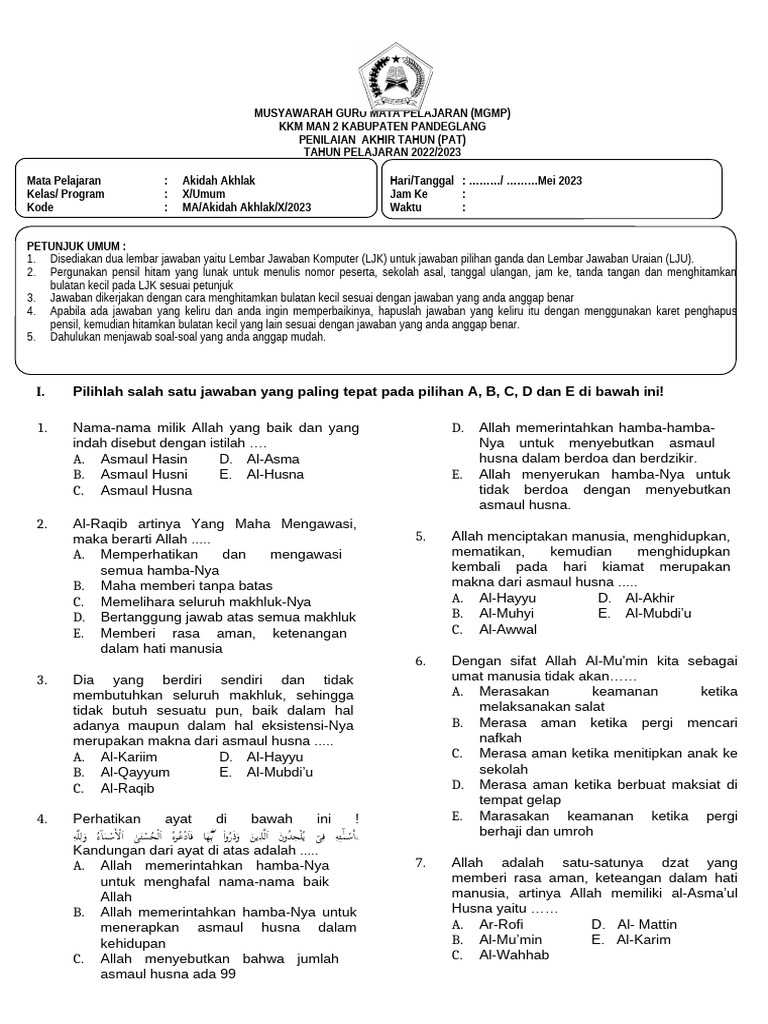 Soal Akidah Akhlak X | PDF