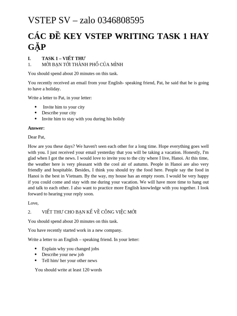 CÁC ĐỀ KEY VSTEP WRITING TASK 1 HAY GẶP | PDF