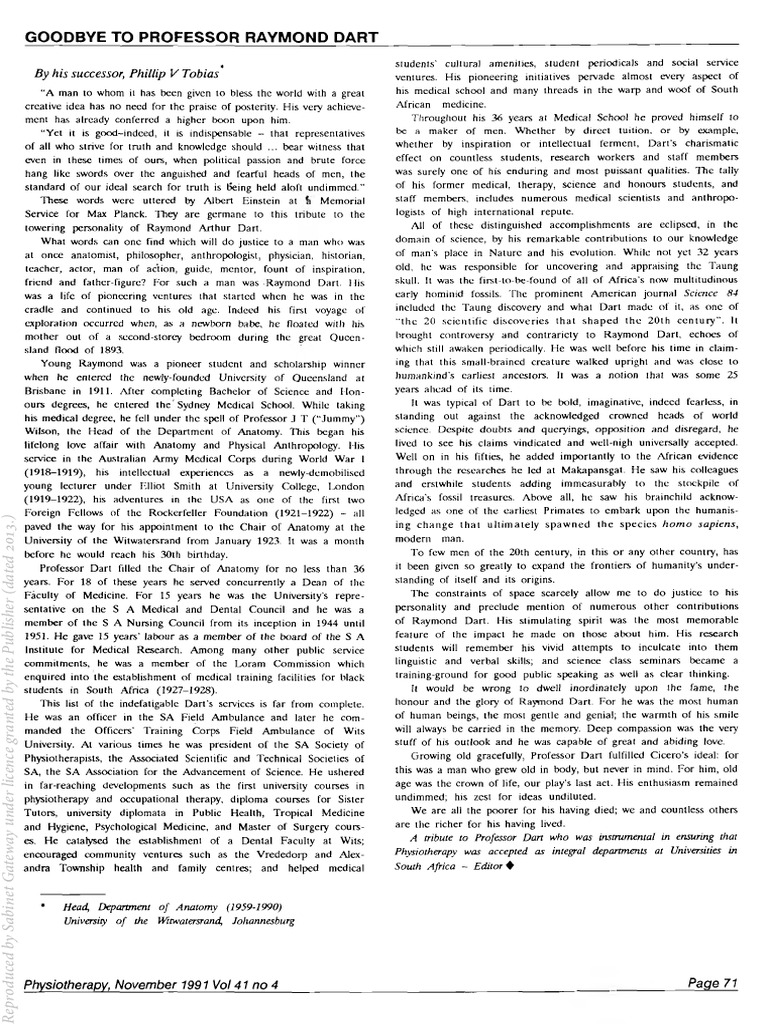 Tribute to Professor Raymond Dart | PDF