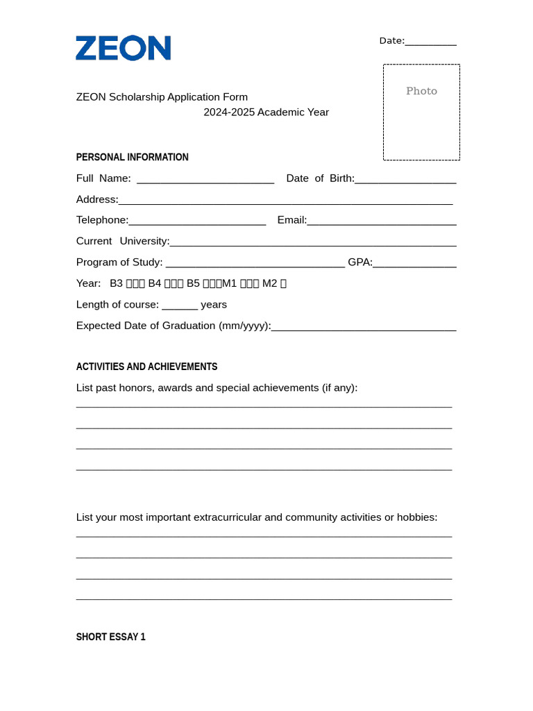 Zeon Scholarship Application Form (2024-2025) 39.4k | PDF