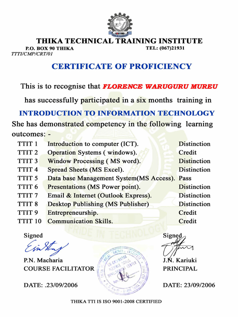 Thika Tech Training Institute Cert | PDF