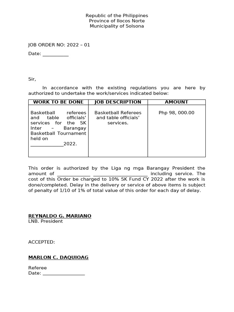 Job Order for Basketball Referees | PDF