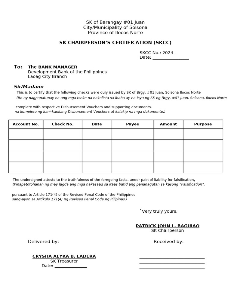 SKCC Sangguniang Kabataan Chairpersons Certification | PDF