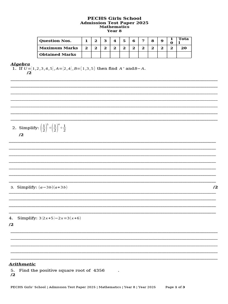 Class 8 Math Admission Test 2025 | PDF