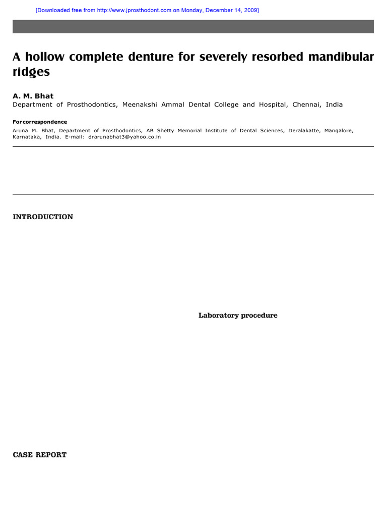 Hollow Complete Denture for Atrophied Ridges | PDF | Dentures | Dental ...