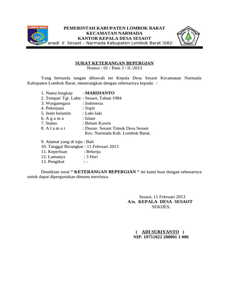 Surat Keterangan Bepergian Mardiantо | PDF