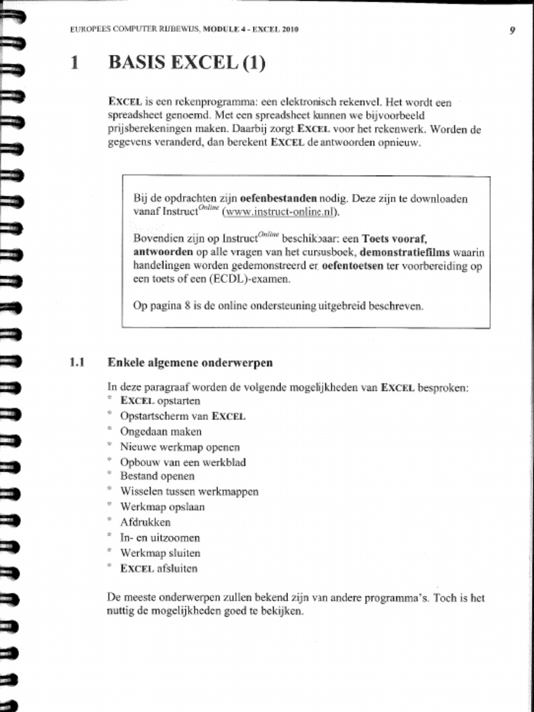 Werkboek Les1 Exel 2010 H 1-2 | PDF