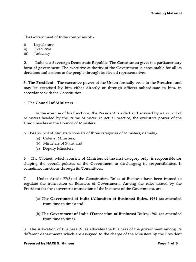 Organisational Setup of GoI | PDF | Government Of India | Cabinet ...