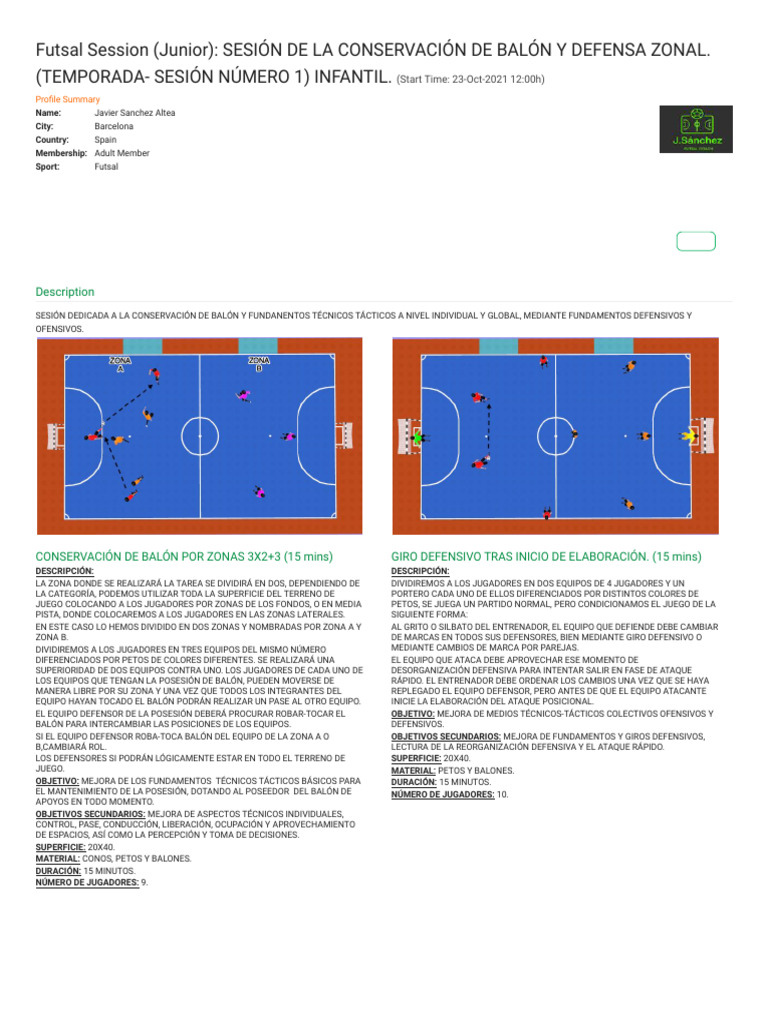 Futsal Session (Junior) : Sesión de La Conservación de Balón Y Defensa Zonal. (Temporada-Sesión ...