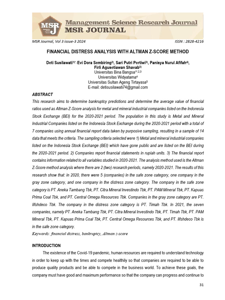 3.+hal+31 44 Firly+a Financial+Distress+Analysis+With+Altman+z Score+Method | PDF | Bankruptcy ...