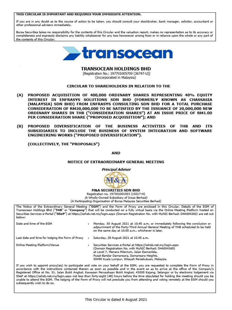Transocean Holdings BHD - Circular - 6 August 2021 - Part1 | PDF ...
