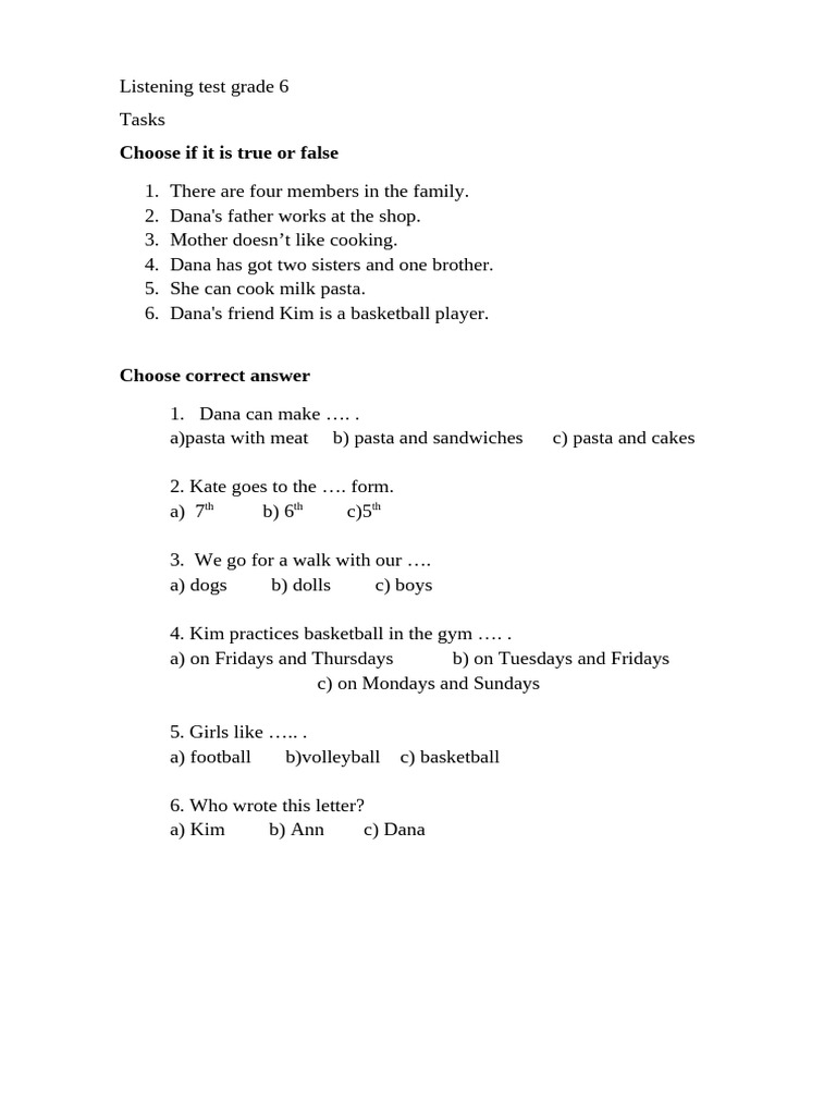 Listening Test Grade 6 | PDF