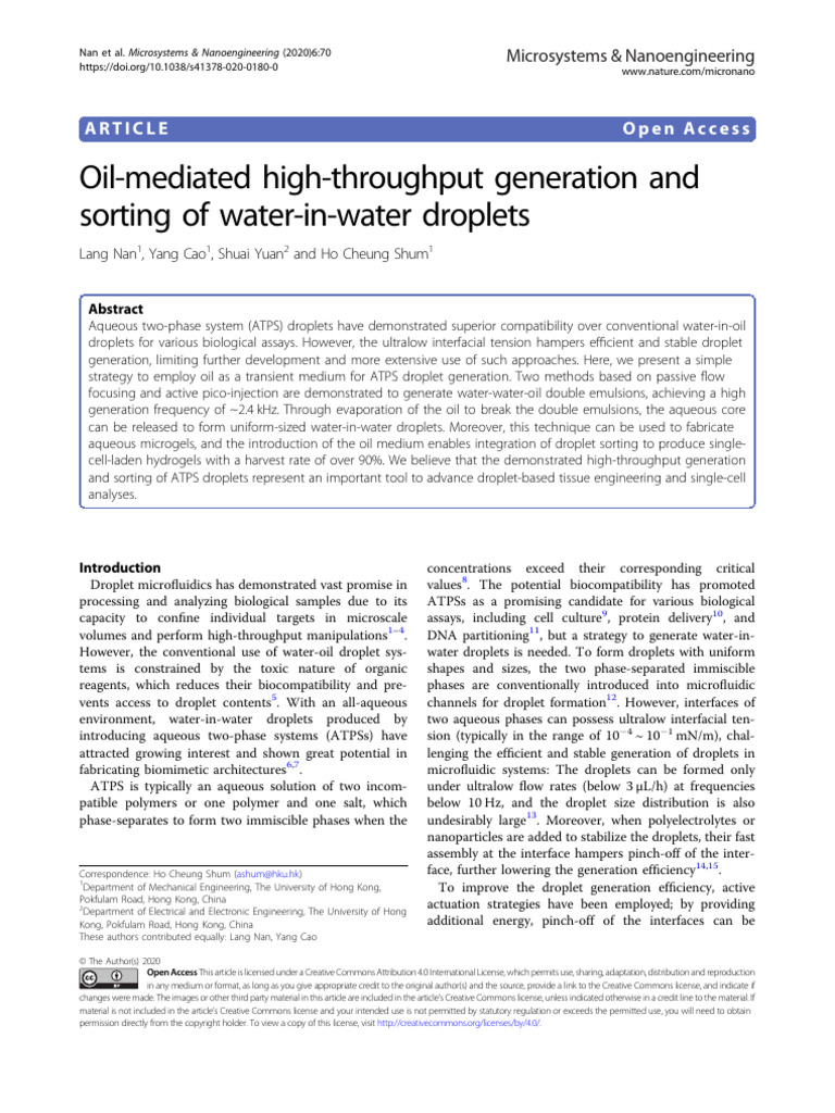 Oil-mediated high-throughput generation and sorting of water-in-water droplets | PDF | Emulsion ...