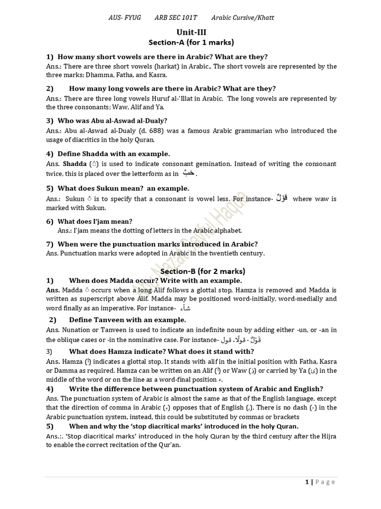 Arabic Sec 101, Fyug Aus Unit III | PDF | Arabic | Linguistics