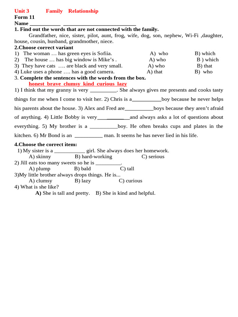 Family Vocabulary and Grammar Quiz | PDF
